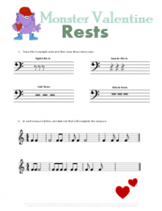 Free Valentines Day Music Theory Worksheet Monster Rests | My Fun Piano ...